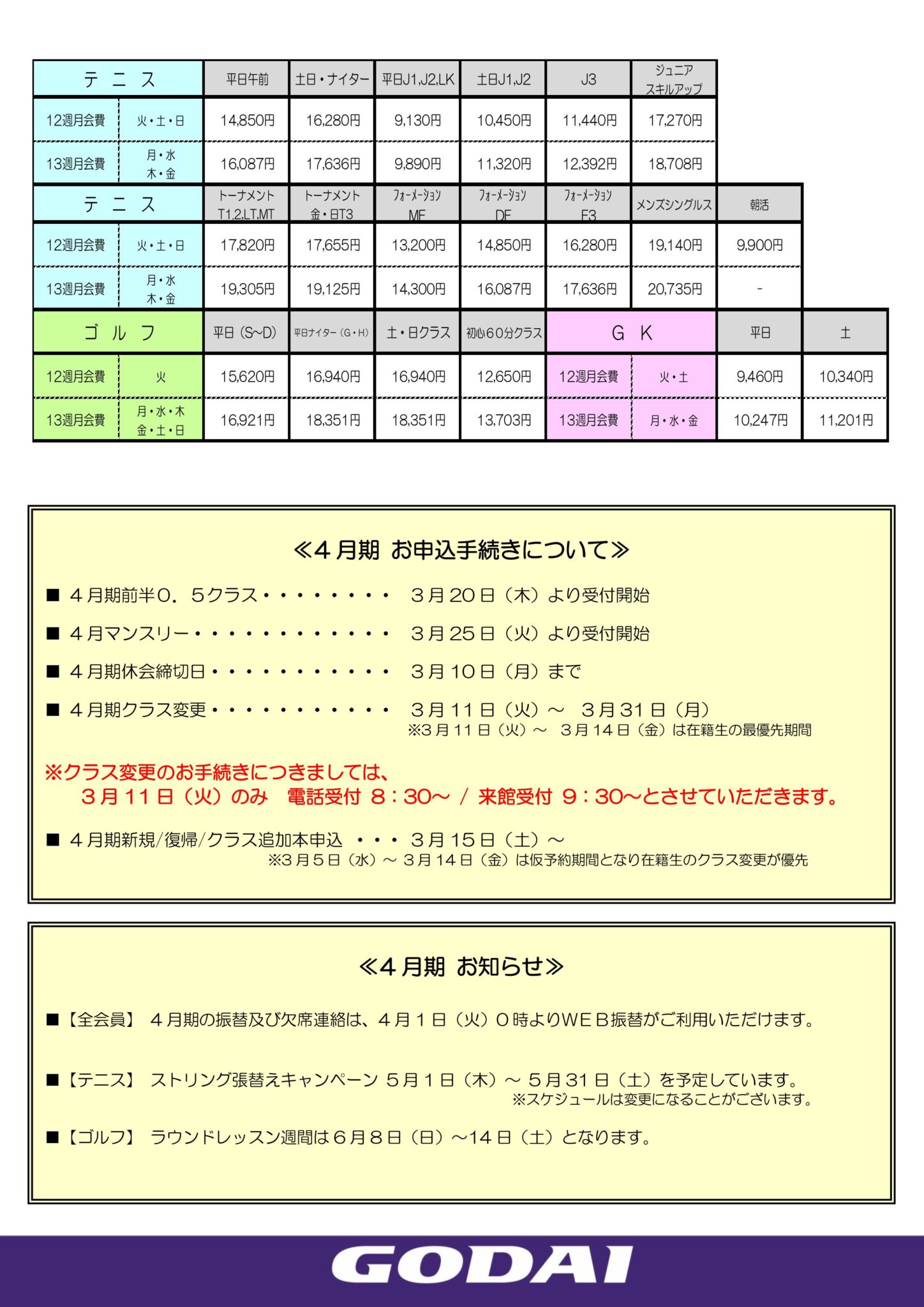 4月期お知らせ｜ゴールデンキッズ｜横浜市のテニス・ゴルフスクールならGODAI横浜・白楽