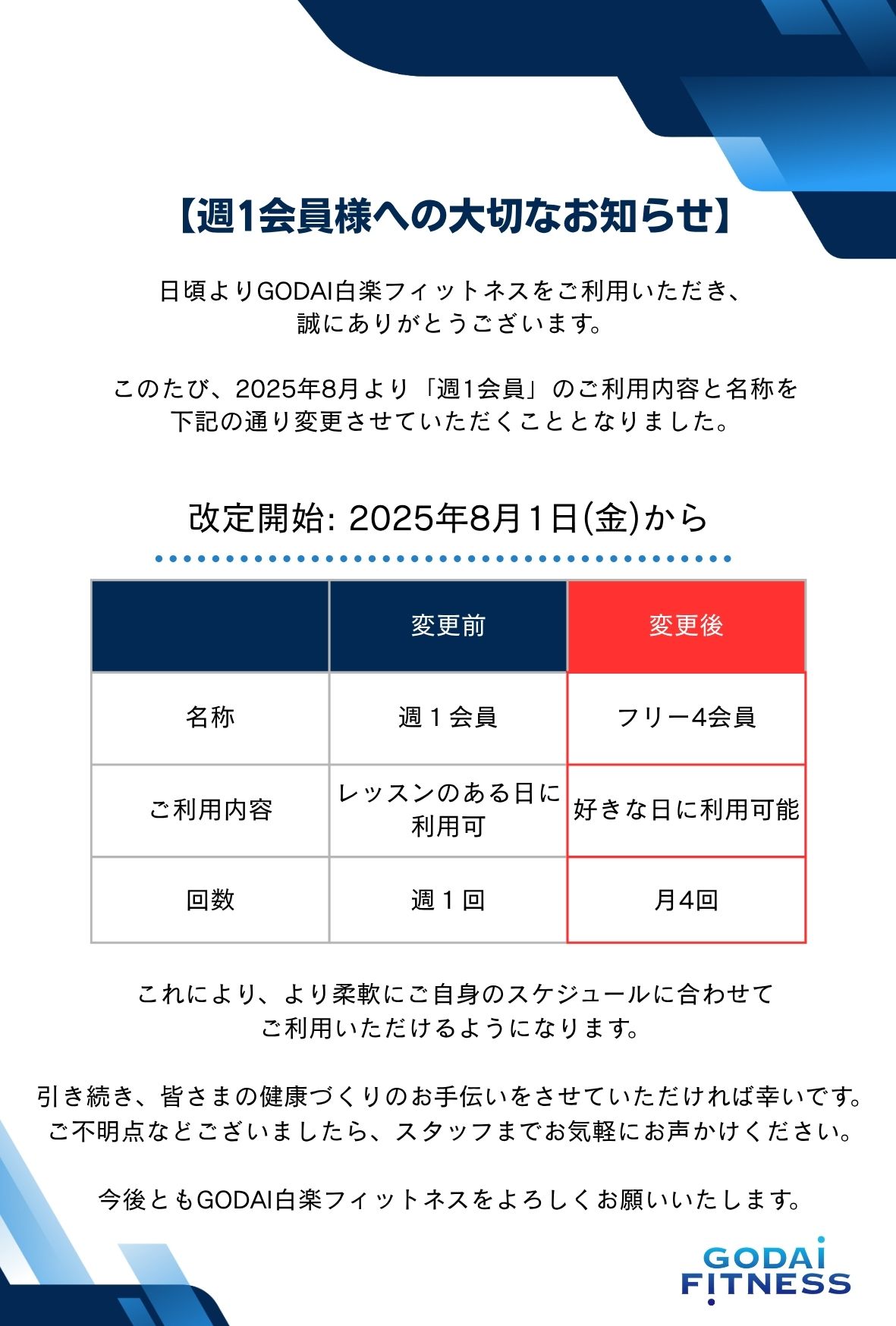 週1会員様への大切お知らせ｜フィットネス｜横浜市のテニス・ゴルフスクールならGODAI横浜・白楽